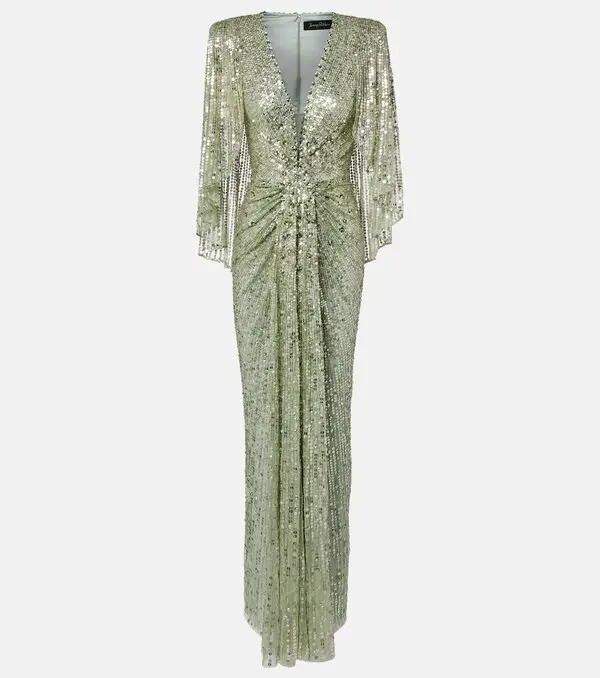 Jenny Packham Carrie Caped Embellished Gown - Green
