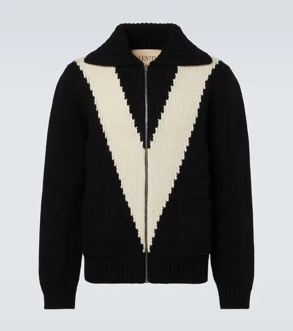 Valentino Garavani Intarsia Virgin Wool Zip-up Cardigan - Black