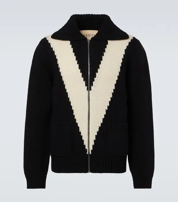 Valentino Garavani Intarsia Virgin Wool Zip-up Cardigan - Black