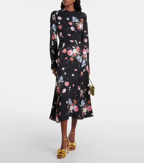 Erdem Floral Crêpe Midi Dress - Black