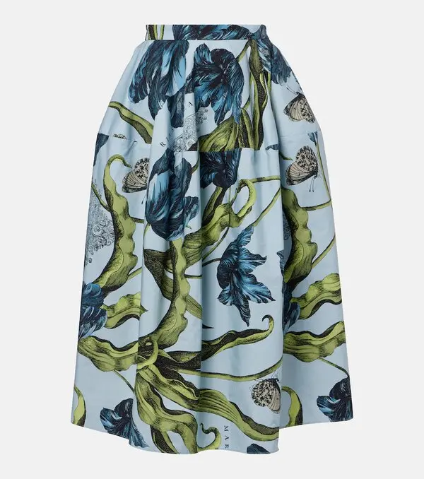 Erdem Floral Cotton Poplin Midi Skirt - Blue