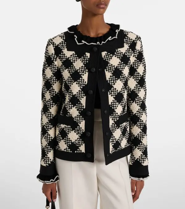 Valentino Garavani Checked Ruffled Tweed Jacket - Black