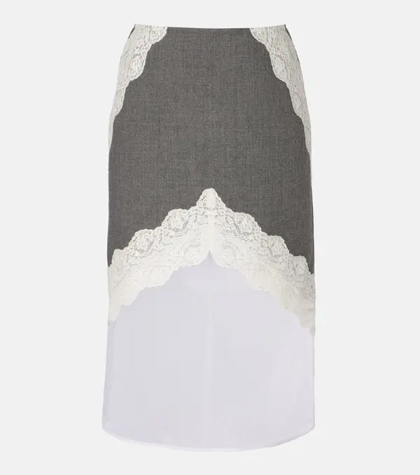 JIL SANDER Lace-trimmed Wool Midi Skirt - Grey
