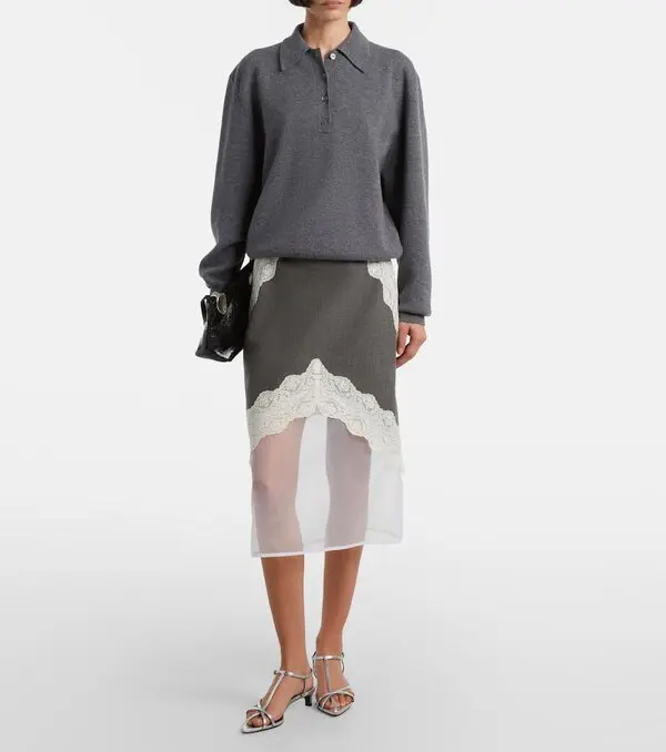 JIL SANDER Lace-trimmed Wool Midi Skirt - Grey