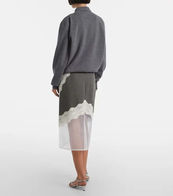 JIL SANDER Lace-trimmed Wool Midi Skirt - Grey