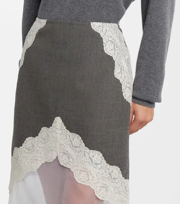 JIL SANDER Lace-trimmed Wool Midi Skirt - Grey