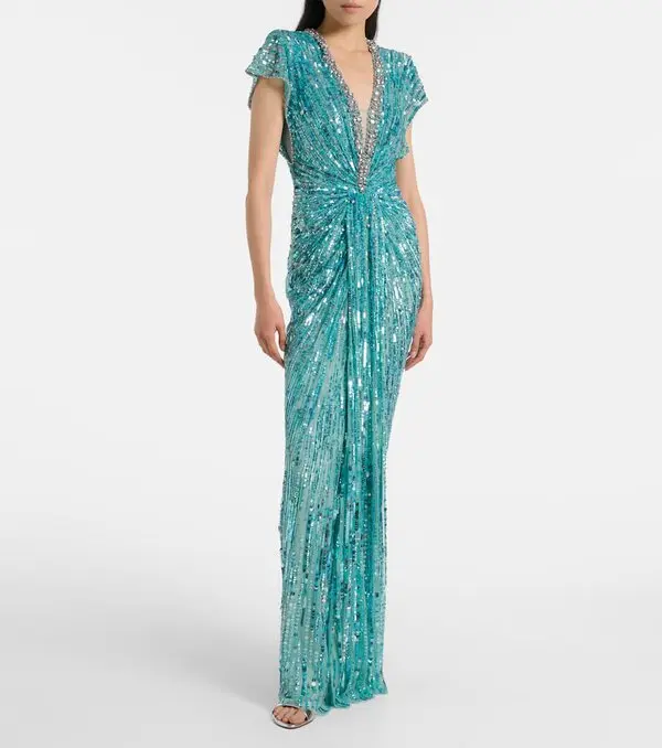 Jenny Packham Lacie Gathered Embellished Gown - Blue