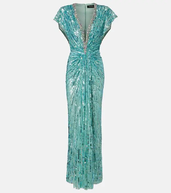 Jenny Packham Lacie Gathered Embellished Gown - Blue