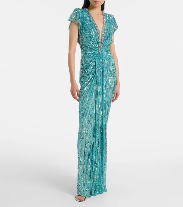 Jenny Packham Lacie Gathered Embellished Gown - Blue