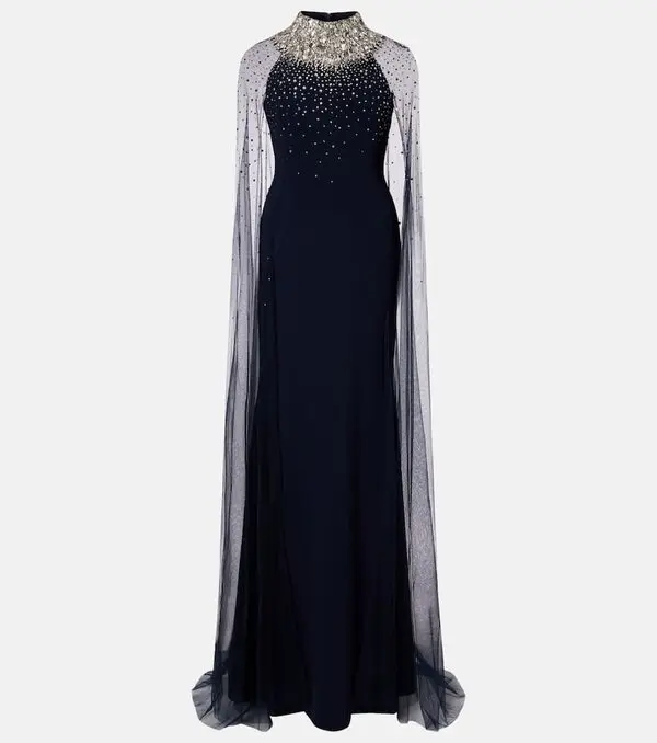 Jenny Packham Zadie Caped Embellished Gown - Blue
