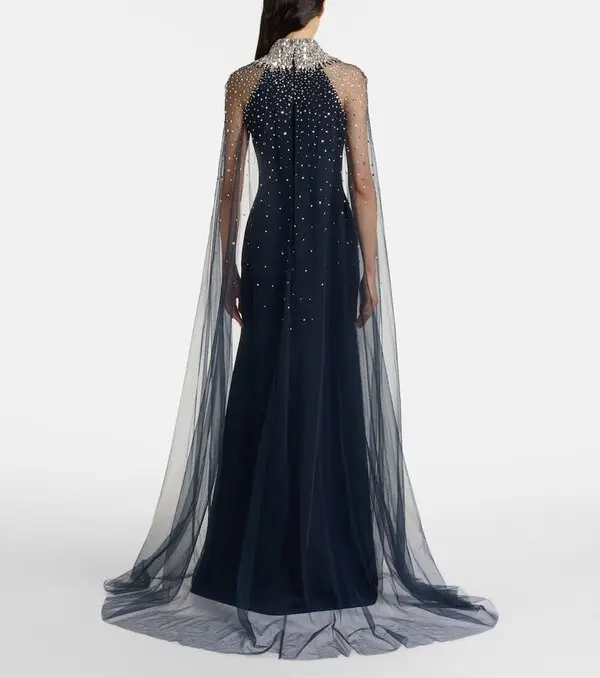 Jenny Packham Zadie Caped Embellished Gown - Blue