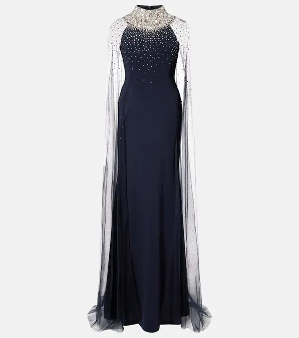 Jenny Packham Zadie Caped Embellished Gown - Blue