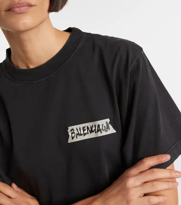 Balenciaga Logo Distressed Cotton Jersey T-shirt - Black