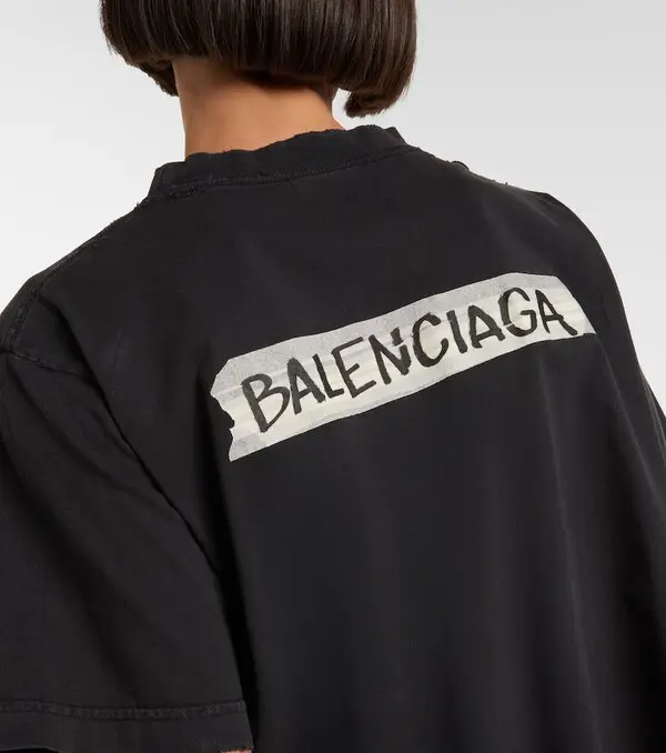 Balenciaga Logo Distressed Cotton Jersey T-shirt - Black