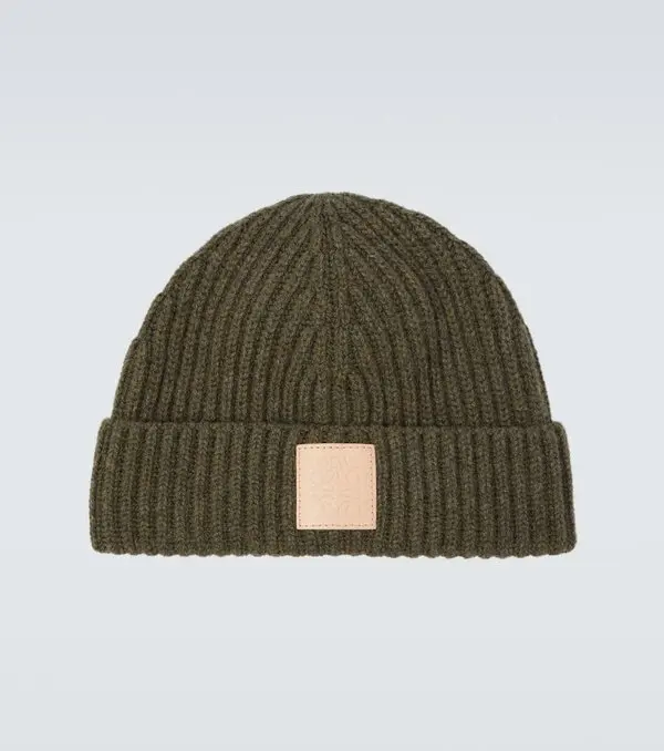 Loewe Logo Ribbed Cashmere Beanie - Green