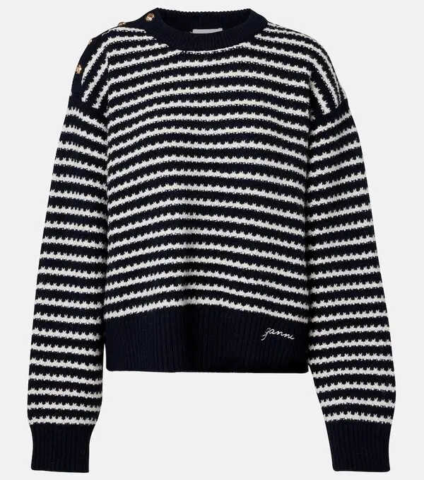 GANNI Striped Wool And Cotton Sweater - Black