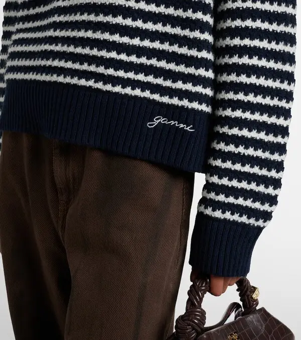 GANNI Striped Wool And Cotton Sweater - Black