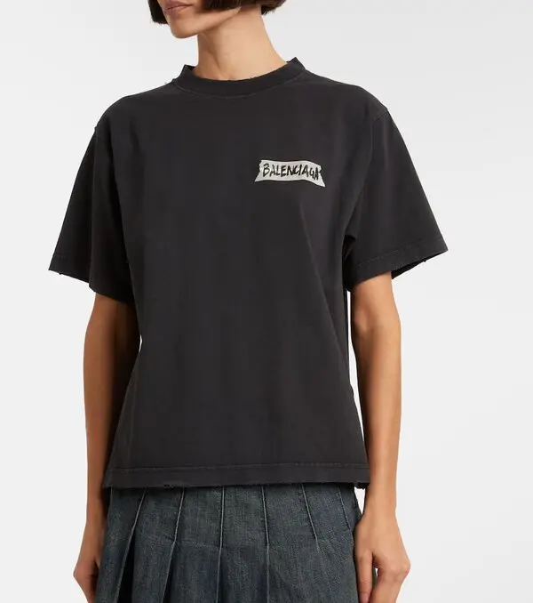 Balenciaga Logo Distressed Cotton Jersey T-shirt