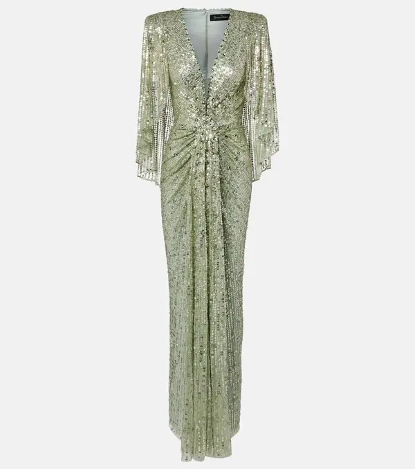 Jenny Packham Carrie Caped Embellished Gown - Green