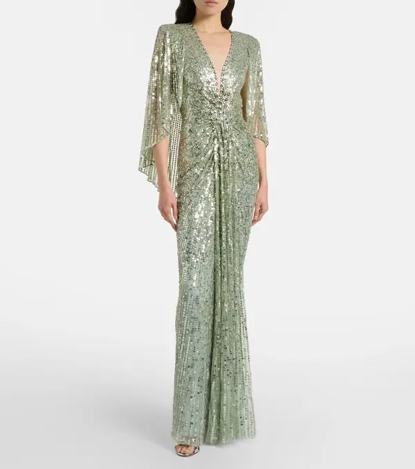 Jenny Packham Carrie Caped Embellished Gown - Green