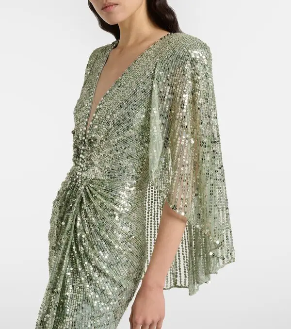 Jenny Packham Carrie Caped Embellished Gown - Green