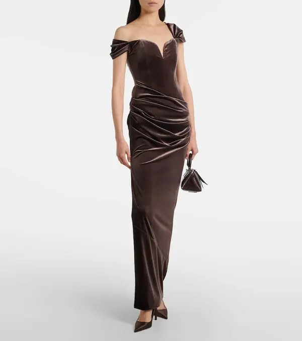 Alex Perry Draped Velvet Gown - Brown