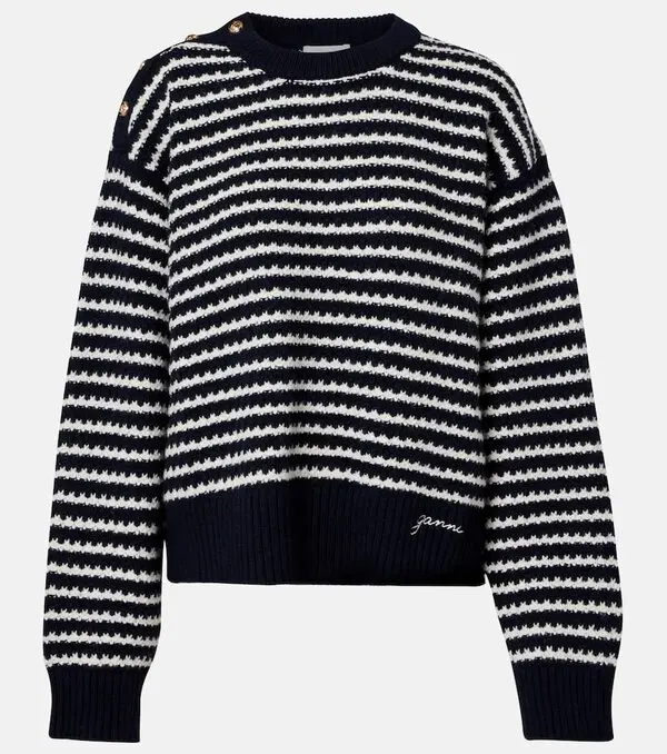 GANNI Striped Wool And Cotton Crewneck Sweater