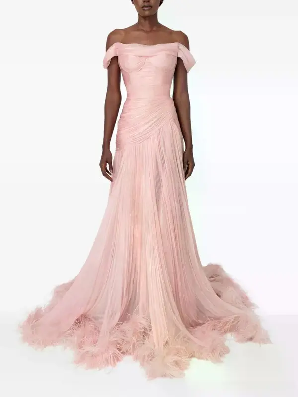 IRIS SERBAN Petal Off-shoulder Feathered Maxi Dress - Pink