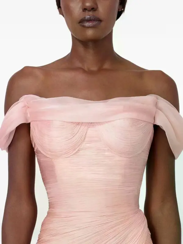 IRIS SERBAN Petal Off-shoulder Feathered Maxi Dress - Pink