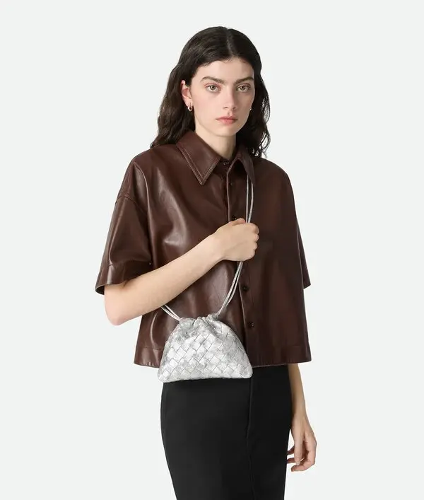 Bottega Veneta Small Intrecciato Lamina Satin Leather Pouch - Silver