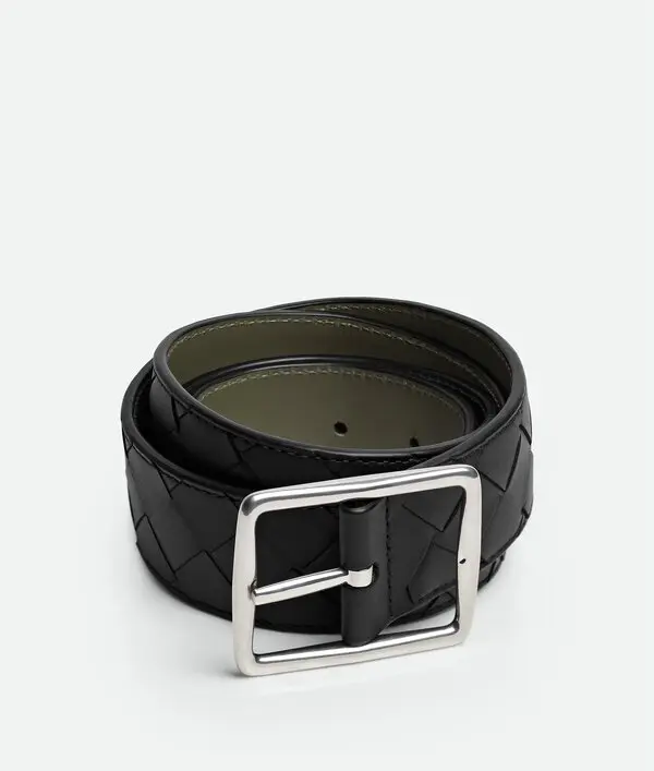 BOTTEGA  VENETA Reverso Intrecciato Leather Belt - Black/crocodile