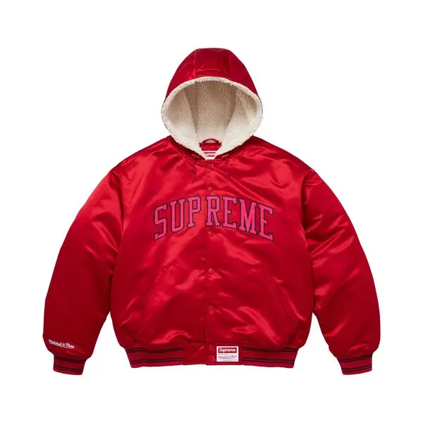 Supreme X Mitchell & Ness Lined Hooded Satin Varsity Jacket - Red