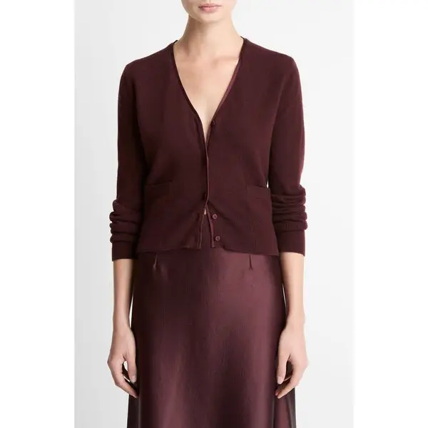 Vince Satin Button Wool & Cashmere Blend V-neck Cardigan - Oxblood