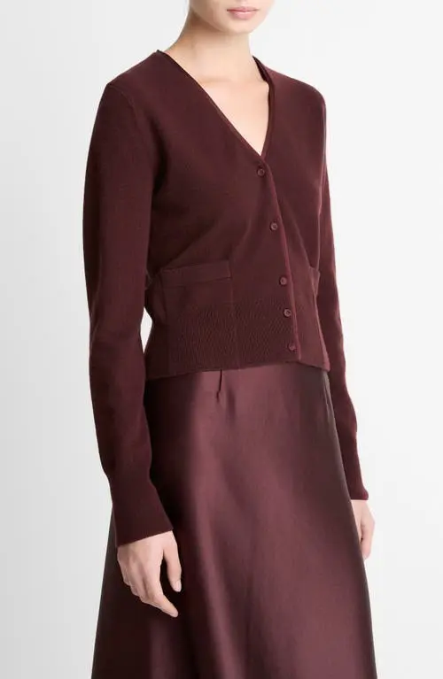 Vince Satin Button Wool & Cashmere Blend V-neck Cardigan - Oxblood