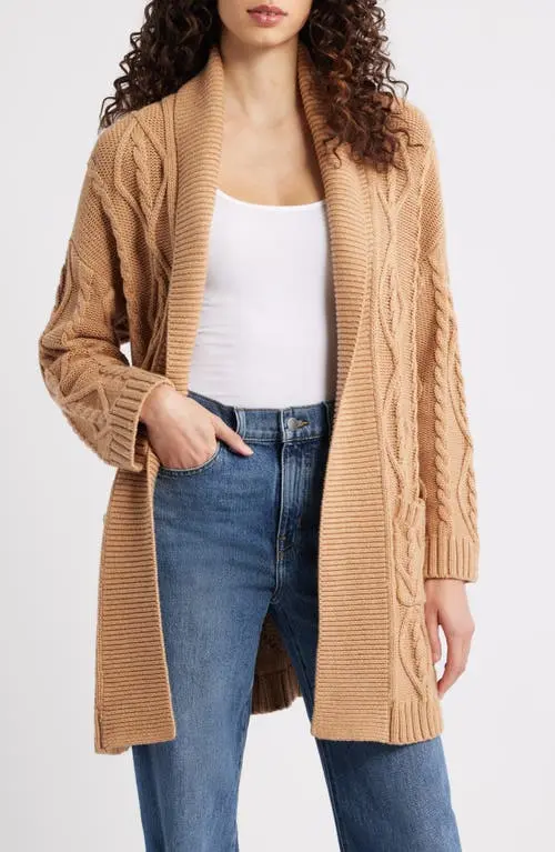 525 America Peggy Cable Stitch Longline Open Front Cardigan - Camel