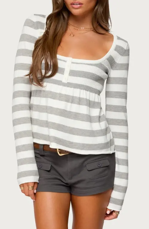 EDIKTED Lockie Stripe Knit Babydoll Top - Light-gray