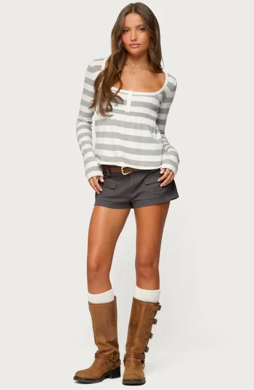 EDIKTED Lockie Stripe Knit Babydoll Top - Light-gray