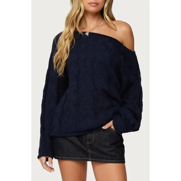 EDIKTED Cable Stitch One-shoulder Sweater