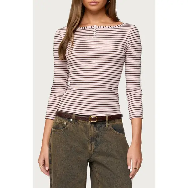 EDIKTED Avigyle Stripe Long Sleeve Henley Top