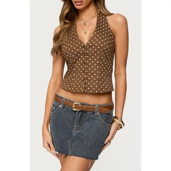 EDIKTED Polka Dot Halter Top - Brown