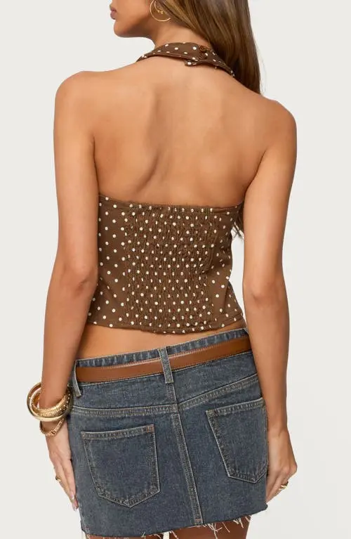 EDIKTED Polka Dot Halter Top - Brown