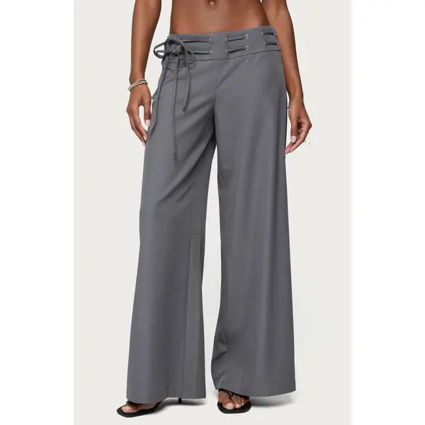 EDIKTED Baggy Belted Lace-up Pants - Dark-gray