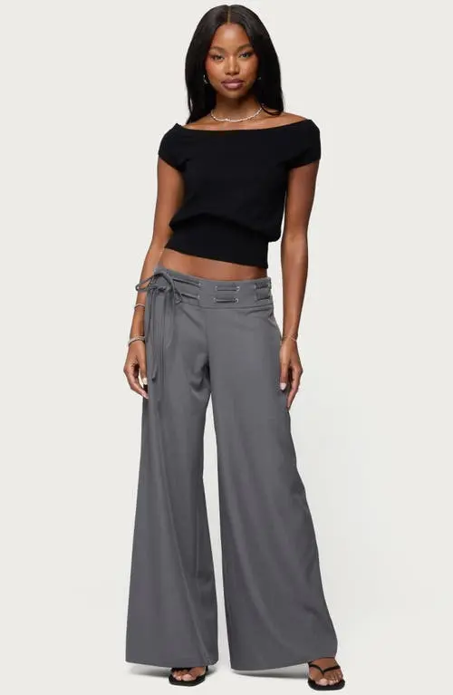 EDIKTED Baggy Belted Lace-up Pants - Dark-gray