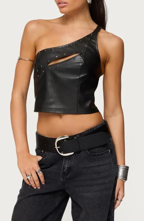 EDIKTED Cutout One-shoulder Faux Leather Crop Top