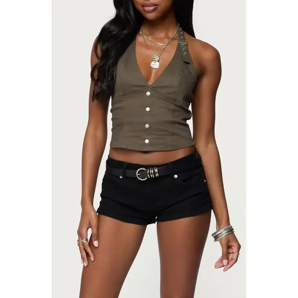 EDIKTED Buckle Halter Crop Top - Olive