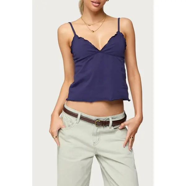 EDIKTED Lettuce Edge Crop Stretch Cotton Camisole - Navy