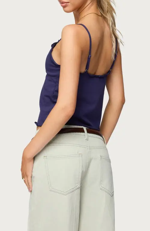 EDIKTED Lettuce Edge Crop Stretch Cotton Camisole - Navy