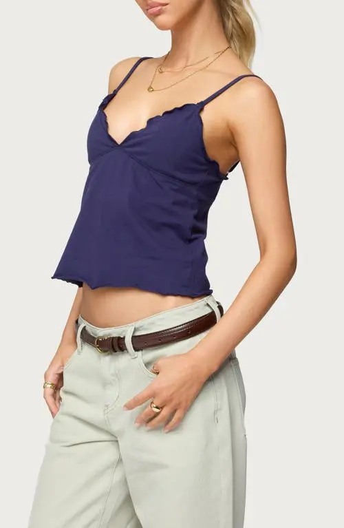 EDIKTED Lettuce Edge Crop Stretch Cotton Camisole - Navy
