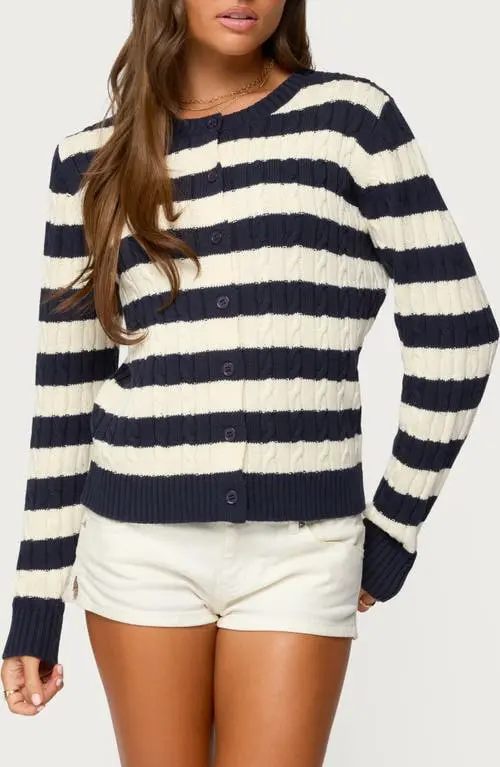 EDIKTED Cotton Cable Stitch Cardigan - Navy-and-cream
