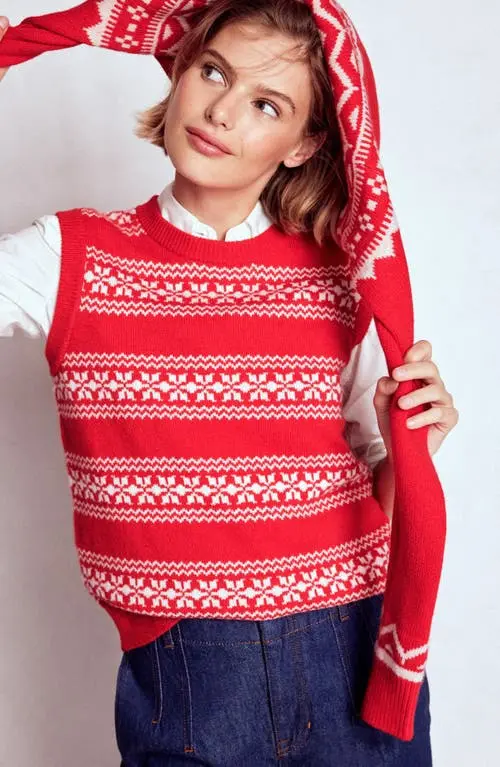 Boden Fair Isle Sweater Vest - Poppy Red Warm Ivory